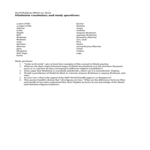 Handout on Hinduism (Rein, World Religions, Spring 2013) | PDF