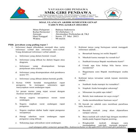 SOAL Uas bahasa indonesia smk kelas xi smt ii | PDF