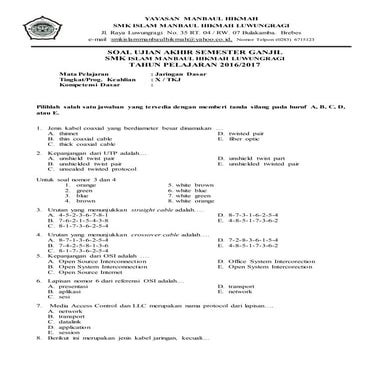 SOAL UAS JARINGAN DASAR SEMESTER 1 KELAS X TKJ | PDF