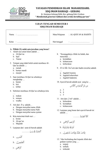 Soal uas pai kelas 2 sd semester 2 dan kunci jawabaan(1) | PDF
