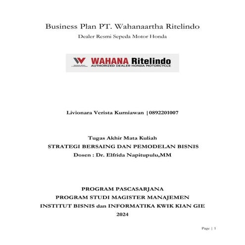 UAS Strategi bersaing & Permodelan Bisnis - Business Plan PT ...