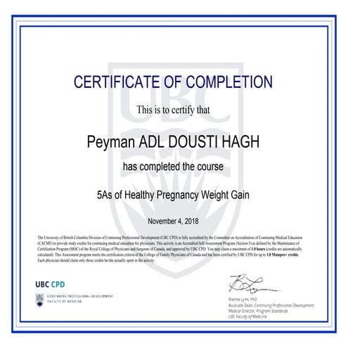 UBC Certificate in 5 as healthy-Peyman ADL DOUSTI HAGH | PDF