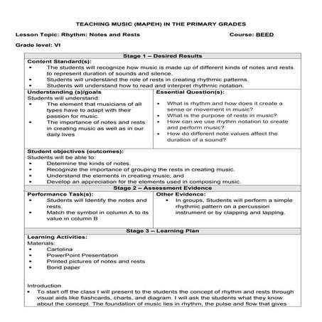 UBD Lesson Plan: Rhythm: Notes and Rests | DOCX