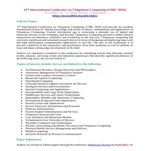 Call for Papers - 15th International Conference on Ubiquitous Computing (UBIC 2024) | PDF