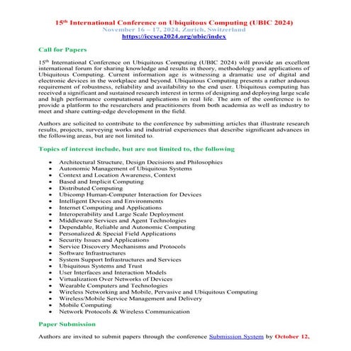 CFP-15th International Conference on Ubiquitous Computing (UBIC 2024) | PDF