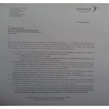 Janssen letter to DGHS on bedaquiline dt. 11 August 2014 | PDF