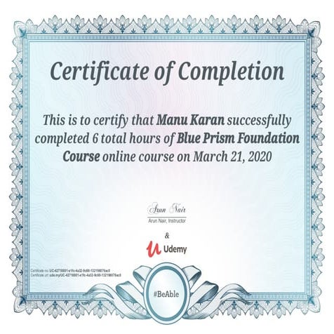 Udemy Blue Prism Certifications - Manu Karan | PPT