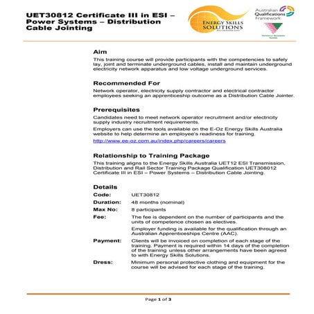UET30812 Certificate III in ESI – Distribution Cable Jointing ...