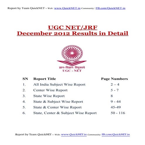 Fact Sheet : A Detailed Report on UGC NET Exam December 2012 Results | PDF