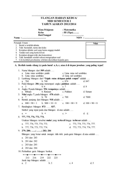 Soal Matematika kelas 3 sd semester 1 | DOCX