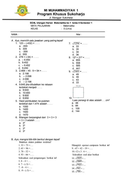 Soal uts matematika kelas 3 semester 1