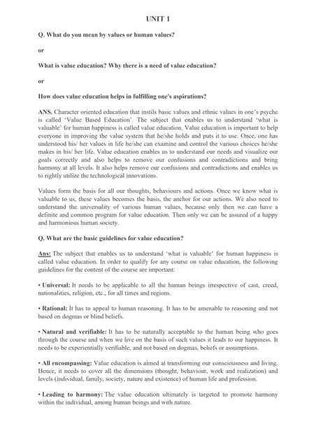 Human Values and Professional Ethics notes unit 1 | DOCX | Education