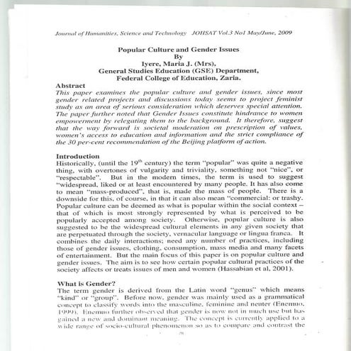 POPULAR CULTURE AND GENDER ISSUES IYERE, MARIA J. | PDF