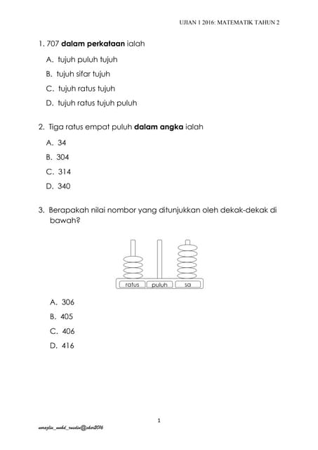 SOALAN PEPERIKSAAN AKHIR TAHUN MATEMATIK TAHUN 2 | DOC
