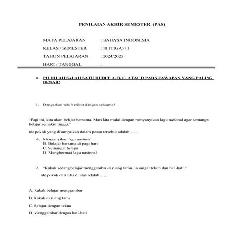 UJIAN BINDO KLS 3 PAS 1.docx'kurikulum merdeka | PDF
