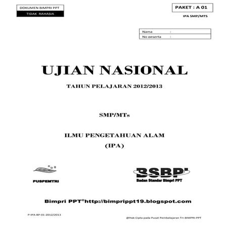 Ujian nasional smp 2013 ipa versi bimpri ppt paket a01 | PDF