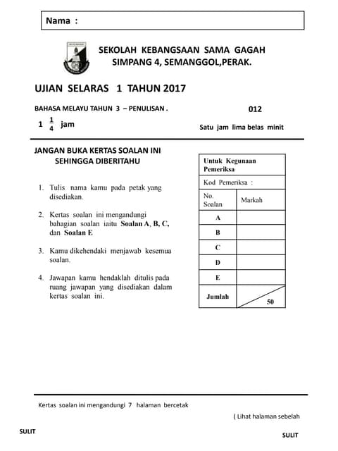 Penilaian Sumatif Bahasa Melayu Tahun 6 | PDF