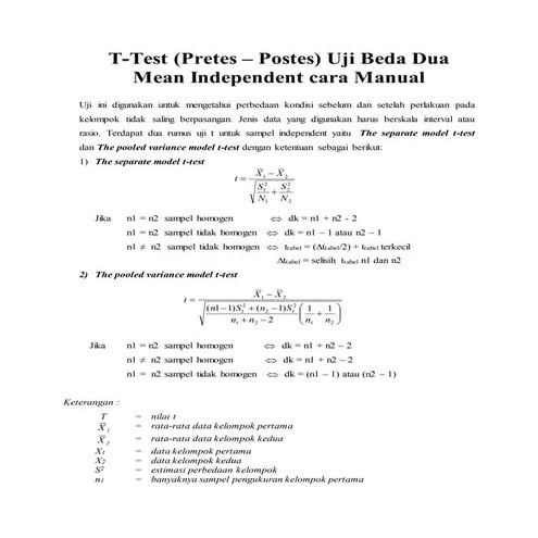 UJI BEDA (KOMPARASI) t - TEST (PRETEST-POSTEST) | DOCX