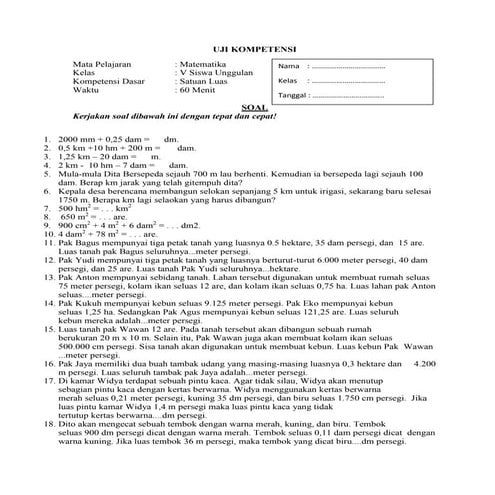 Uji kompetensi satuan luas 2 | DOCX