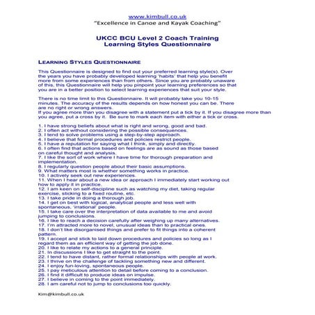 Ukcc bcu level 2 coach training learning styles questionaire | PDF
