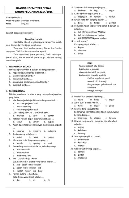 Soal uts bahasa indonesia kelas 3 semester 2 | PDF