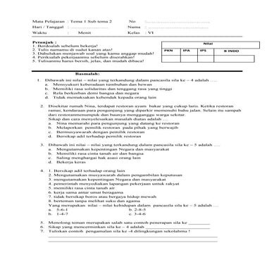 Ulangan harian kelas 6 tema 1 sub tema 2 | PDF