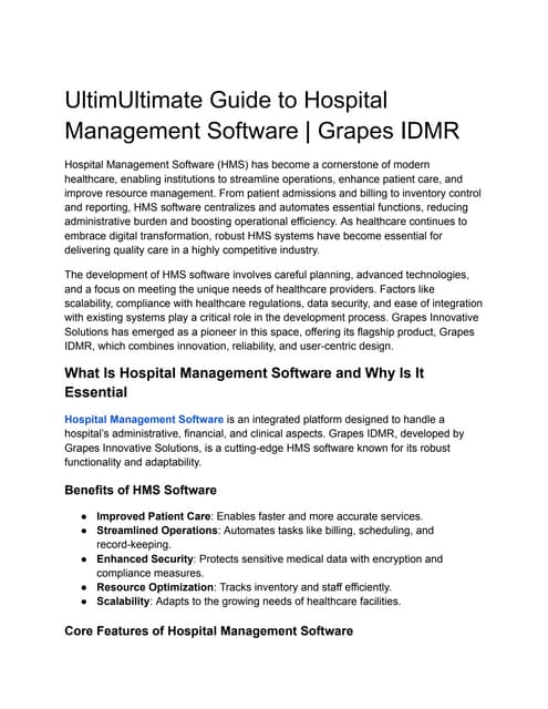 Grapes HMS | Grapes IDMR | Healthcare Management System | PDF