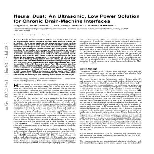 Neural dust : Ultrasonic low power solution for chronic brain machine ...