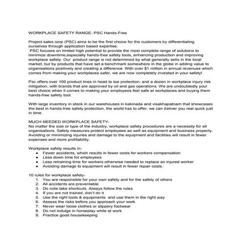 WORKPLACE SAFETY RANGE- PSC Hands-Free | PDF