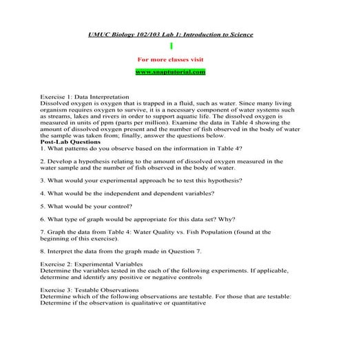 Umuc biology 102103 Success Begins / snaptutorial.com