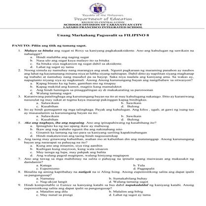 Unang markahang pagsusulit sa Filipino 8 w/ TOS | DOCX