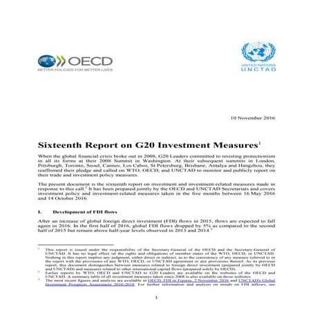 UNCTAD OECD Sixteenth Report on G20 Investment Measures | PDF