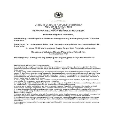 Undang undang no 62 tahun 1958 tentang kewarganegaraan | PDF