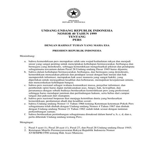 Uu no. 40 tahun 1999 tentang pers | PDF