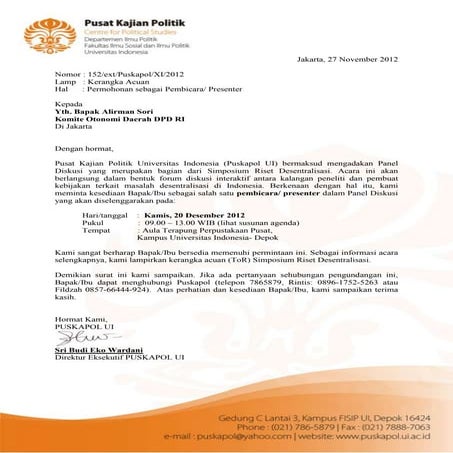 Undangan Pembicara Hari Kedua Panel Diskusi Desentralisasi | PDF