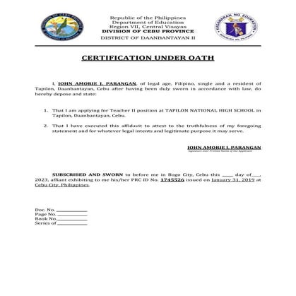 Under Oath for Teacher's ranking in Deped | DOCX