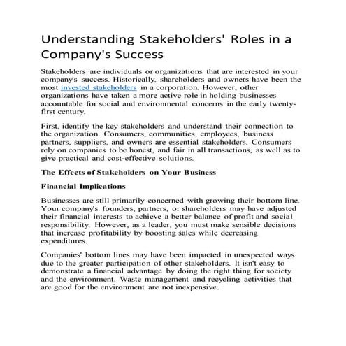 Understanding Stakeholders' Roles in a Company's Success | PDF