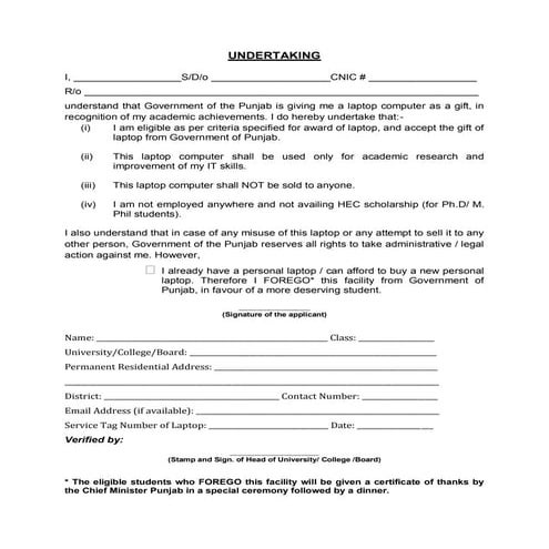 Undertaking for laptop | PDF