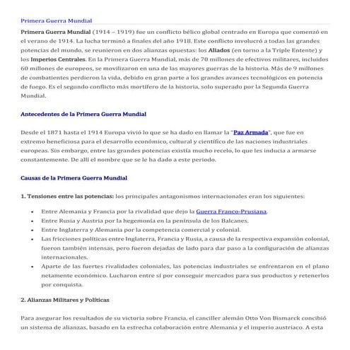 Hoja De Trabajo De La Primera Guerra Mundial