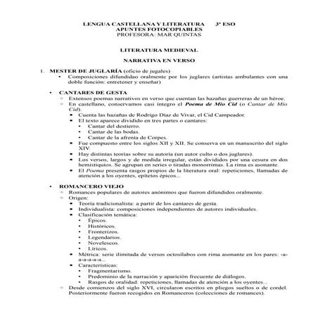 Unidad 2. literatura medieval. el mester de juglaría. | PDF