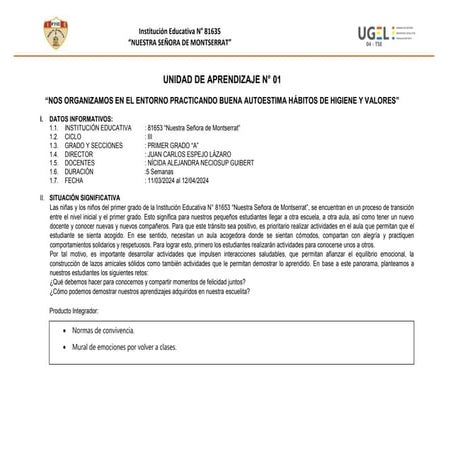 UNIDAD APRENDIZAJ 01-primer grado primaria | DOC