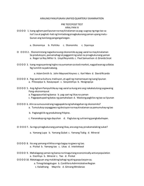 ARALING PANLIPUNAN 9 (EKONOMIKS) PRE-POST TEST (with Answer Key) | DOCX