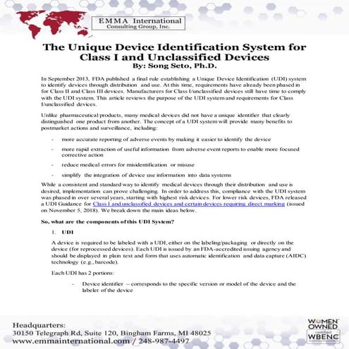 The Unique Device Identification System for Class I and Unclassified ...
