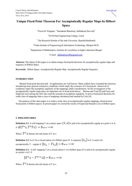 Unique Fixed Point Theorem For Asymptotically Regular Maps In Hilbert
