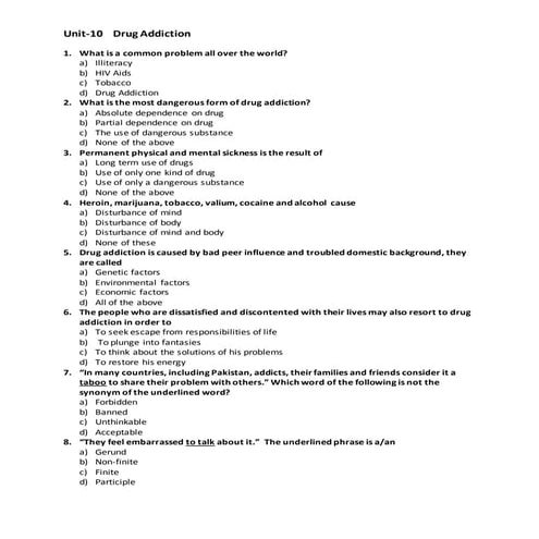 Unit 10 Drug Addiction mcqs By Musarrat Khan | DOCX