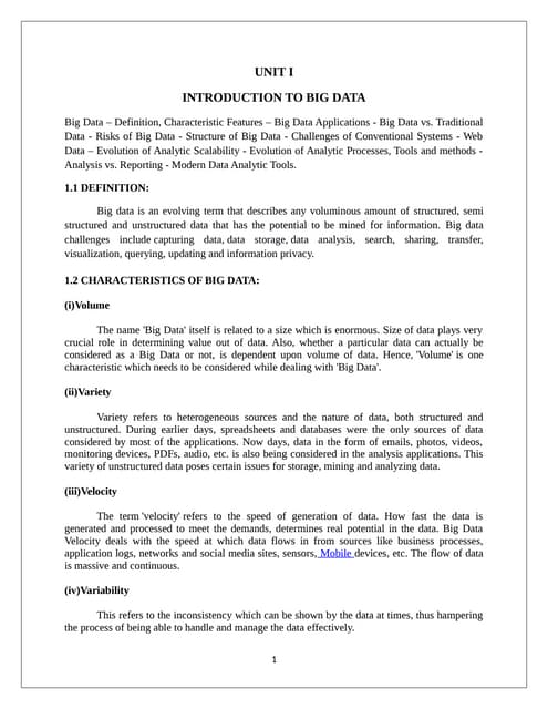UNIT 1 -BIG DATA ANALYTICS Full.pdf | Databases | Computer Software and Applications