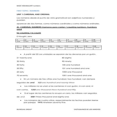 Unit 1 numbers-vocabulary | PDF