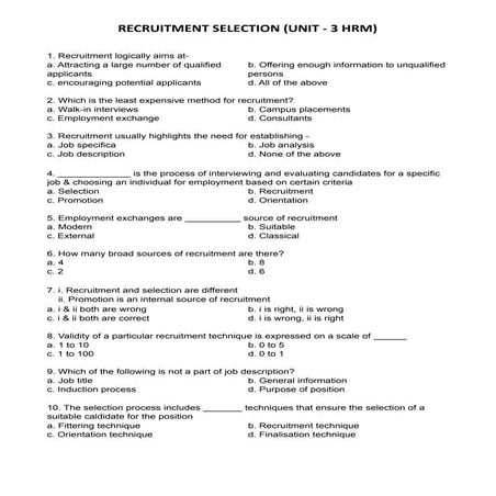Unit 3-hrm-recruitment-selection-mcq | PDF