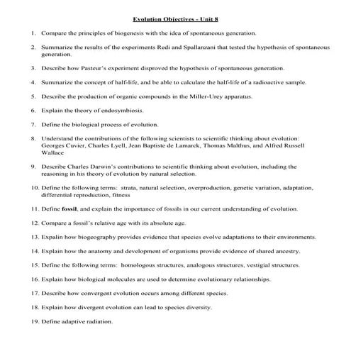 Unit 8 evolution objectives | DOCX