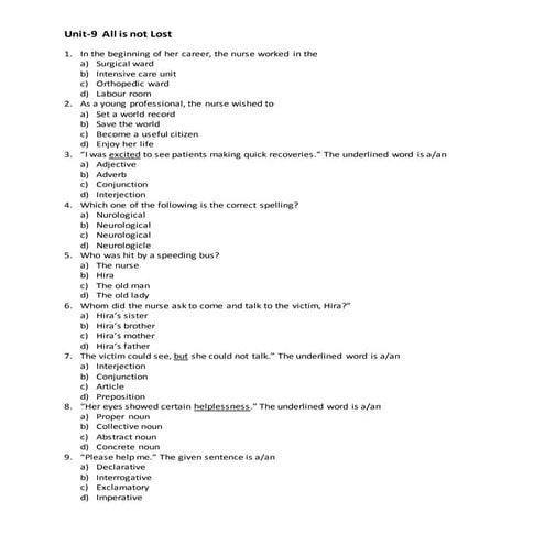 Unit 9 All is not Lost By Musarrat Khan | DOCX